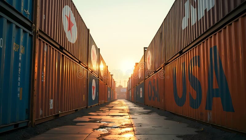 Shipping Container Rows at Sunset Stock Illustration - Illustration of ...