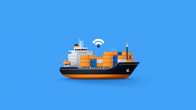 Shipping Container Ship with Wireless Signal on Blue Background ...