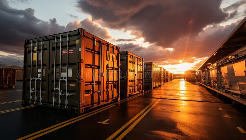 Shipping Container Stack Delivering Freight Transportation at Sunset ...