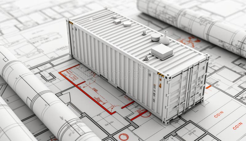 Shipping Container on Technical Drawing Stock Illustration ...