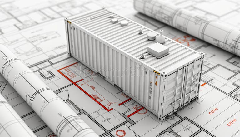 Shipping Container on Technical Drawing Stock Illustration ...
