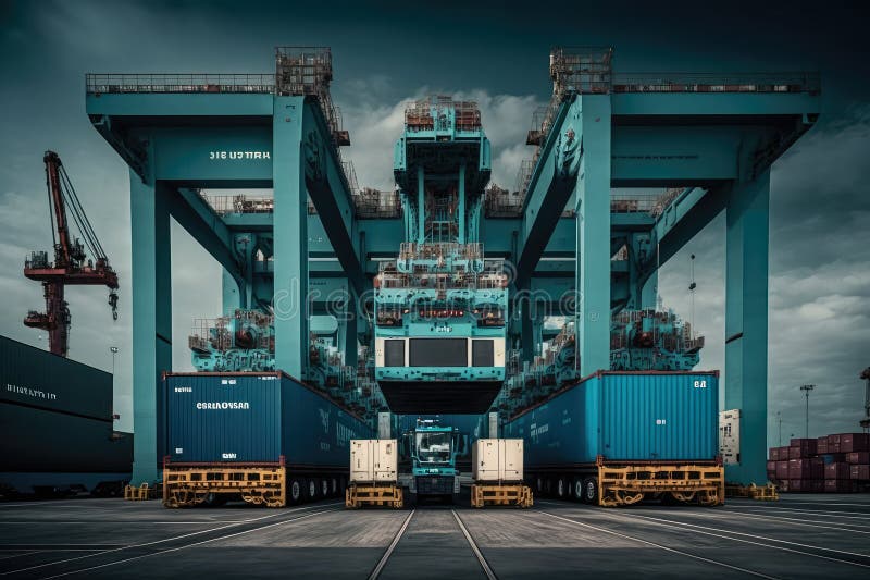 Shipping Container Terminal with Cranes and Trucks Stock Illustration ...