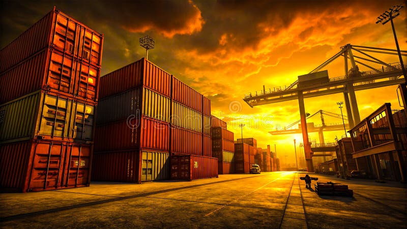 Shipping Container Terminal at Sunset Stock Image - Image of exterior ...
