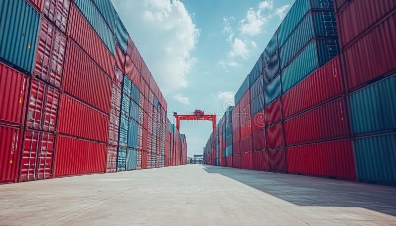 Shipping Container Yard with Colorful Stacks, Open Space, and Blue Sky ...