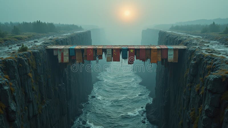 Shipping Containers Bridge a Misty Canyon Over Rushing River at Sunrise ...