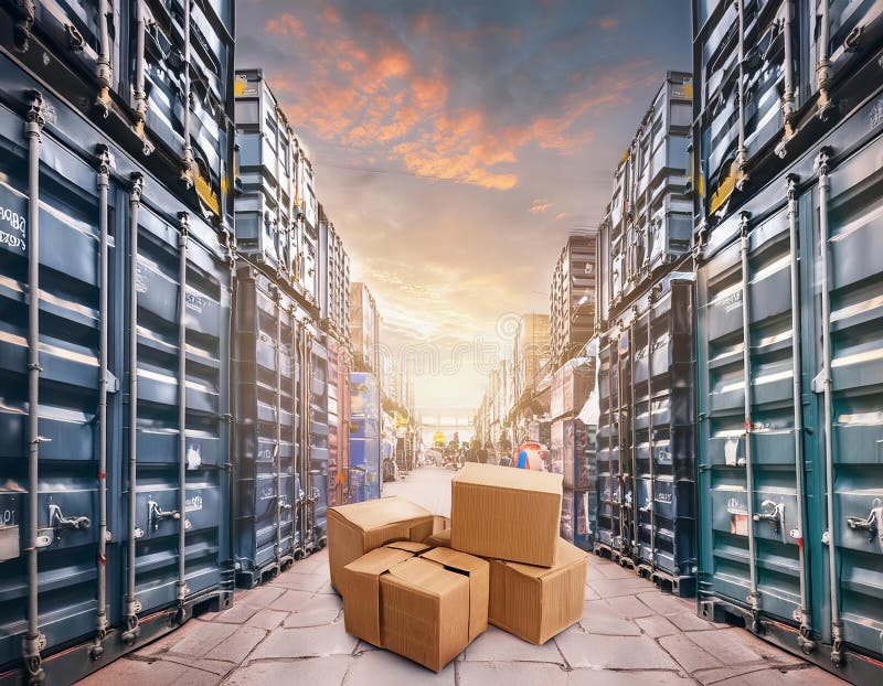 Shipping Containers and Cardboard Boxes in Cargo Yard. Transportation ...