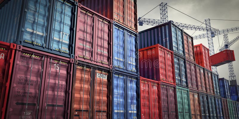 Shipping Containers and Cranes in Cargo Terminal Stock Illustration ...