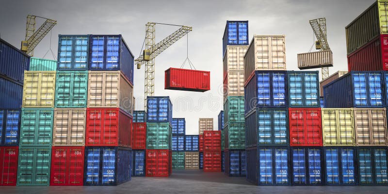 Shipping Containers and Cranes in Cargo Terminal Stock Illustration ...