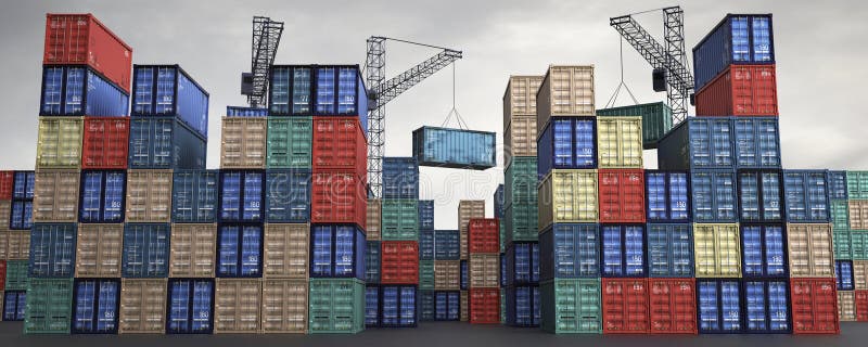 Shipping Containers and Cranes in Cargo Terminal Stock Illustration ...