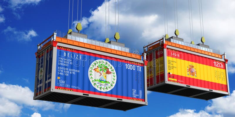 Shipping Containers with Flags of Belize and Spain Stock Photo - Image ...