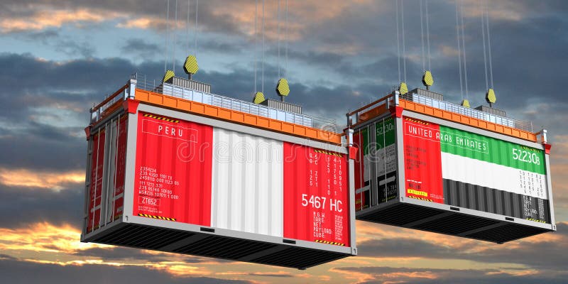 Shipping Containers with Flags of Peru and United Arab Emirates Stock ...