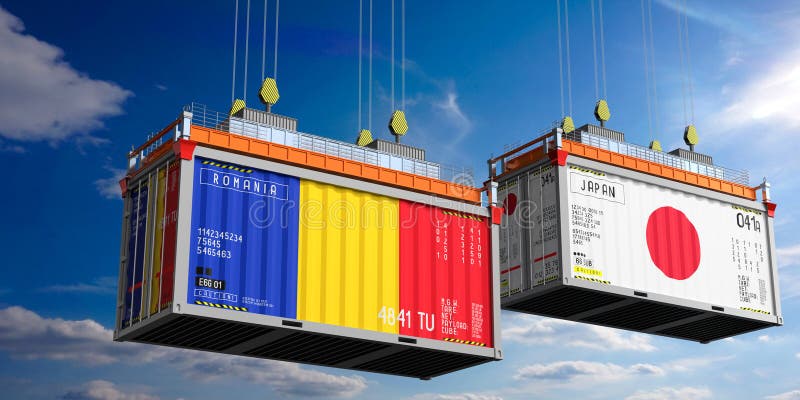 Shipping Containers with Flags of Romania and Japan Stock Illustration ...