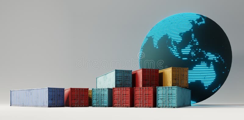 Shipping Containers and Global Earth Sphere Background, 3d Rendering ...