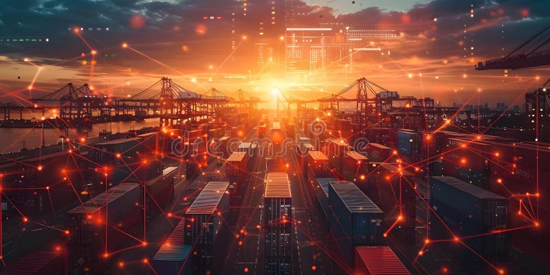 Shipping Containers and Global Map at Sunset Representing ...