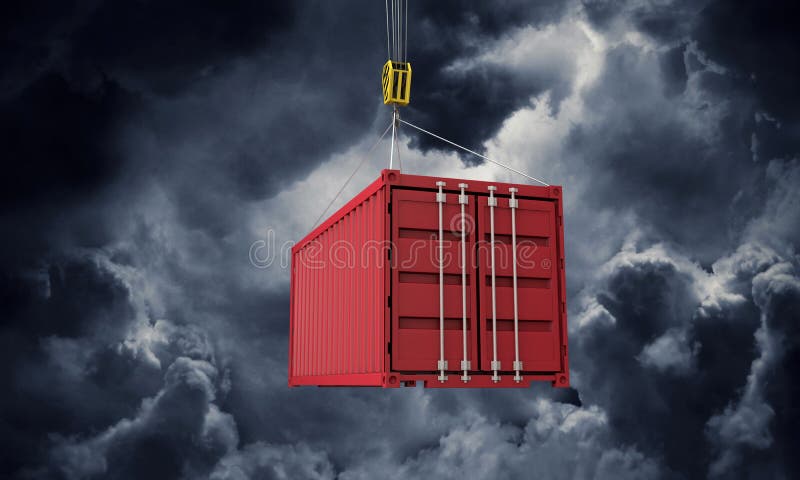 Shipping Containers Hanging from a Crane Against Dark Clouds. 3D Render ...