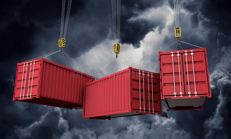 Shipping Containers Hanging from a Crane Against Dark Clouds. 3D Render ...
