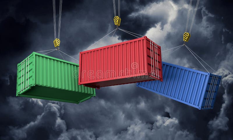 Shipping Containers Hanging from a Crane Against Dark Clouds. 3D Render ...