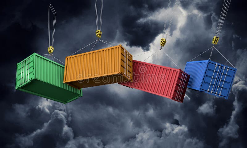 Shipping Containers Hanging from a Crane Against Dark Clouds. 3D Render ...