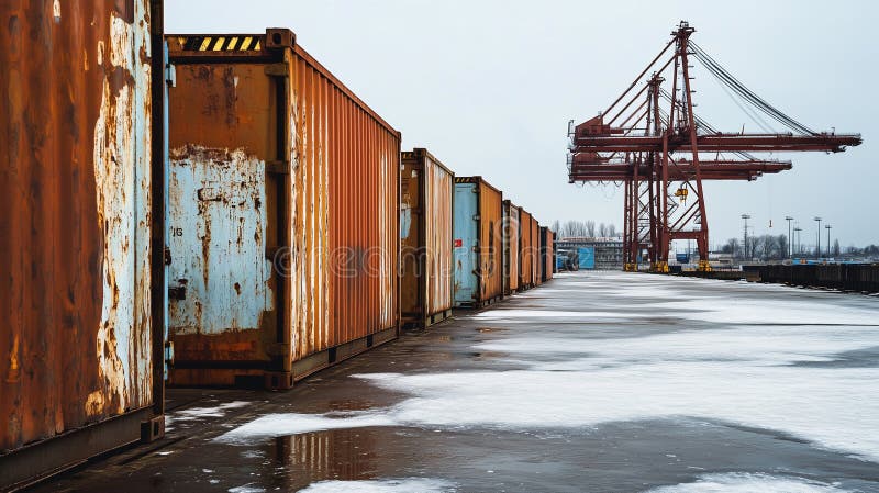 Shipping Containers Lined Up at an Unused Dock during Winter with ...