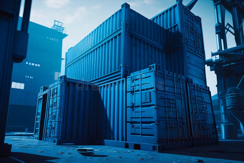 Shipping Containers Stack Illustration, Flat Cartoon Blue Large Cargo ...