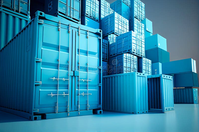 Shipping Containers Stack Illustration, Flat Cartoon Blue Large Cargo ...