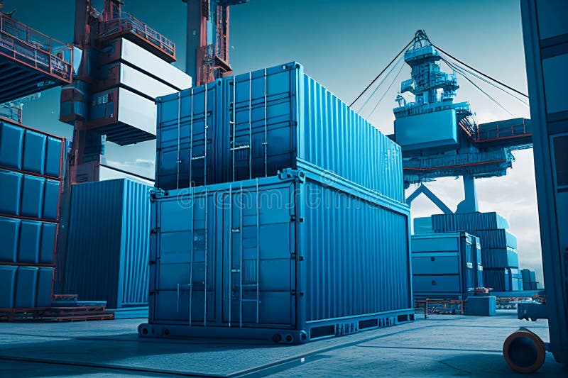 Shipping Containers Stack Illustration, Flat Cartoon Blue Large Cargo ...