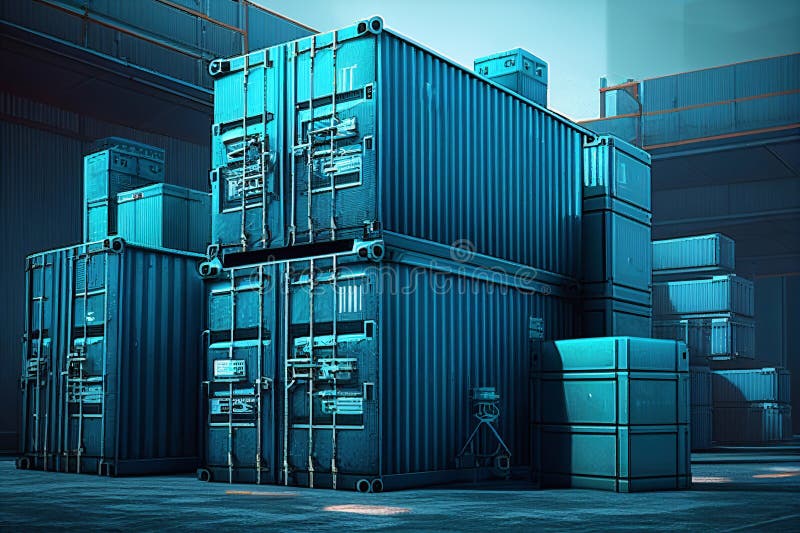 Shipping Containers Stack Illustration, Flat Cartoon Blue Large Cargo ...