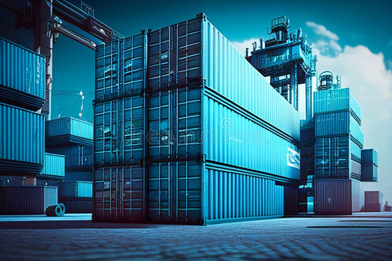 Shipping Containers Stack Illustration, Flat Cartoon Blue Large Cargo Containers Stock ...