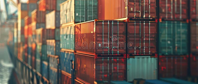 Shipping Containers Stacked on a Cargo Vessel, Port Background, Evening ...