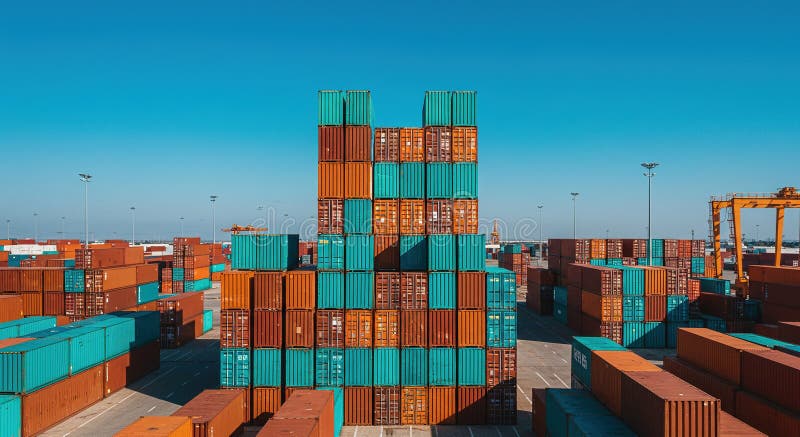 Shipping Containers Stacked in a Port Under a Clear Blue Sky. Stock ...