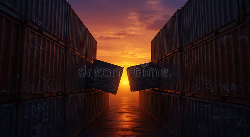 Shipping Containers Stacked at Sunset with Dramatic Sky Stock ...