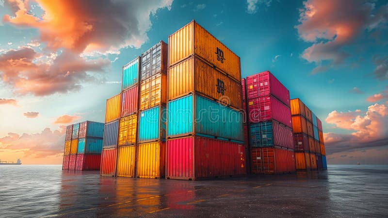 Shipping Containers at Sunset.Reflections of Dusk Stock Illustration ...