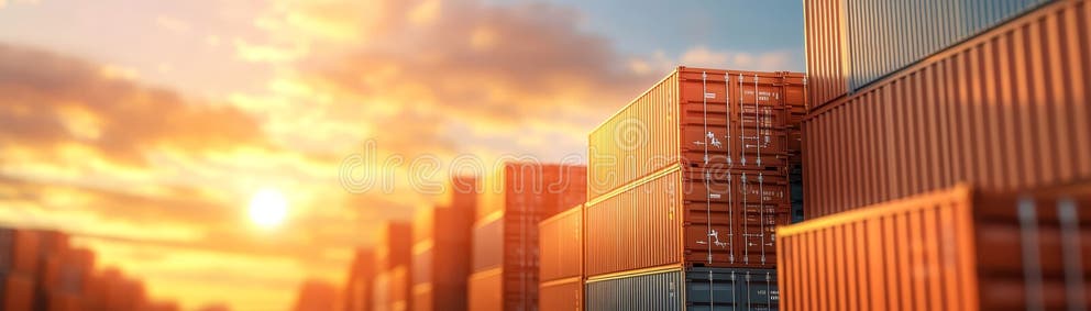 Shipping Containers at Sunset in Port Stock Illustration - Illustration ...