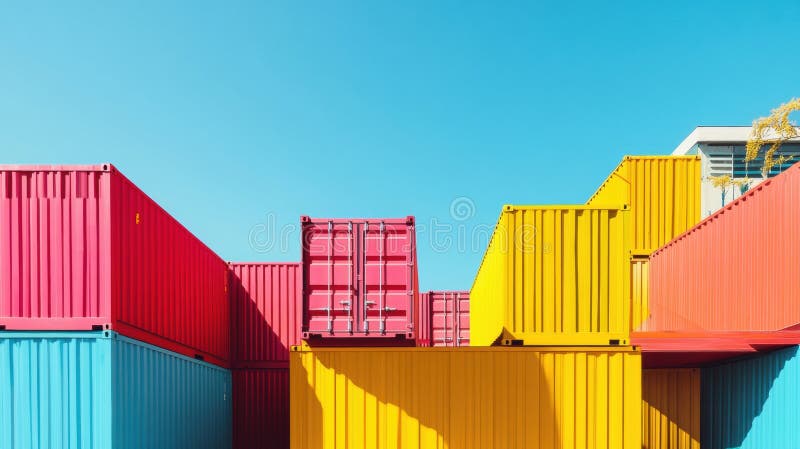 Shipping Containers in Vivid Colors Stacked Against Clear Sky Backdrop ...
