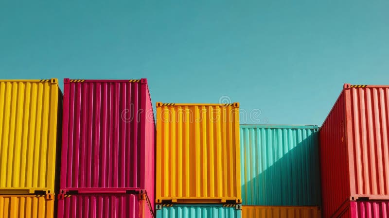 Shipping Containers in Vivid Colors Stacked Against Clear Sky Backdrop ...