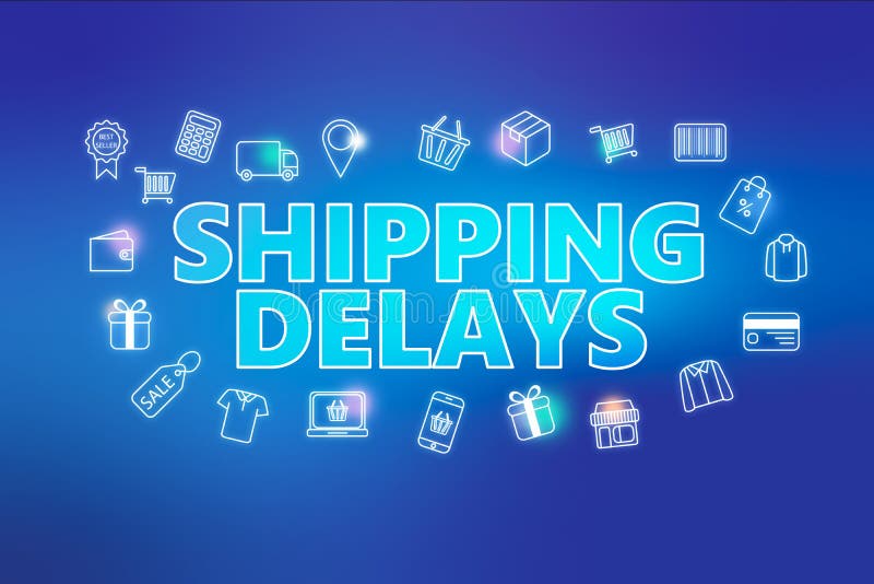 Shipping Delays - Ecommerce Web Banner on Blue Background. Various ... Shipping Delays - Ecommerce Web Banner on Blue Background. Various ...