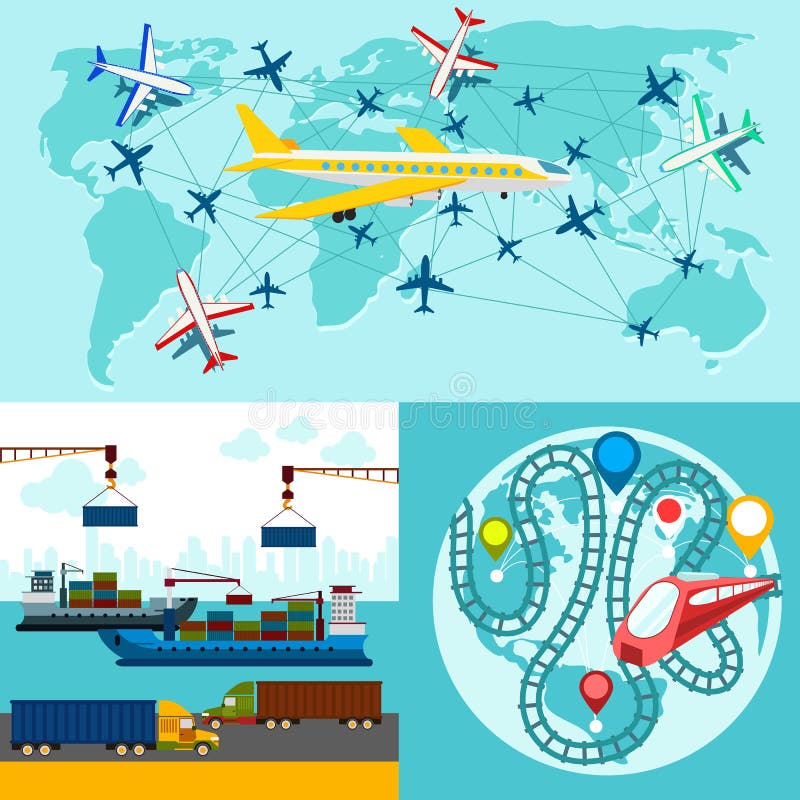 Shipping, Delivery Car, Ship, Plane Stock Vector - Illustration of port ...