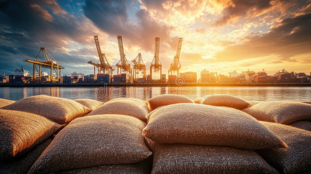 Shipping Harbor with Cranes at Sunset and Stacked Grain Sacks by ...