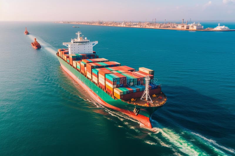 Container Loading on Cargo Ship in Open Sea, Freight Shipping Logistics ...