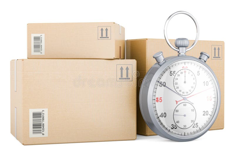 Shipping and Logistics Concept. Three Parcels with Stopwatch, 3D ...