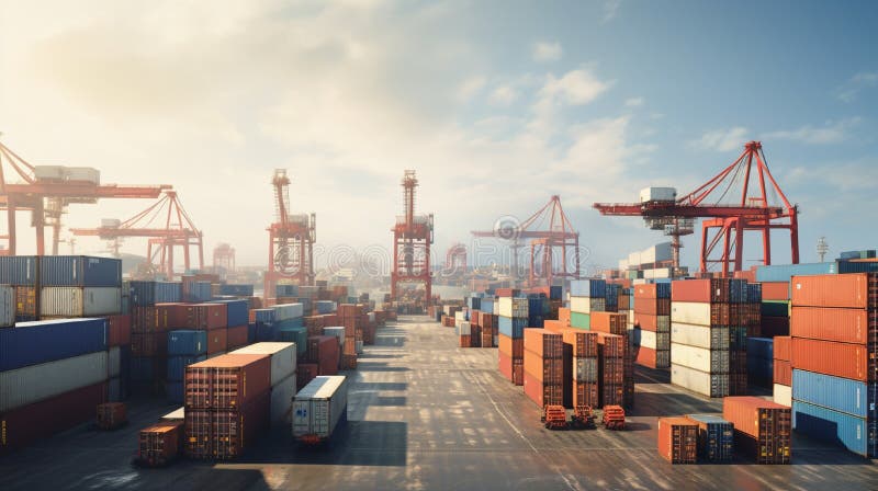 A Shipping Port Bustling with Activity, Filled with Neatly Stacked ...