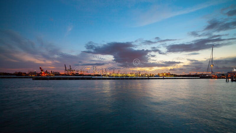 Shipping Port with Cranes and Shipyard in Miami, Florida at Sunset ...