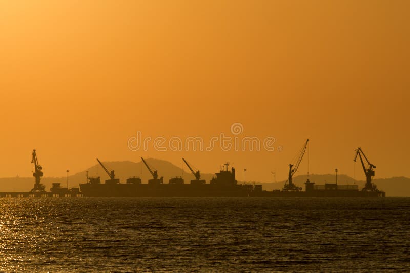 Shipping Port in the Sea with Sunset Sky Stock Photo - Image of thai ...