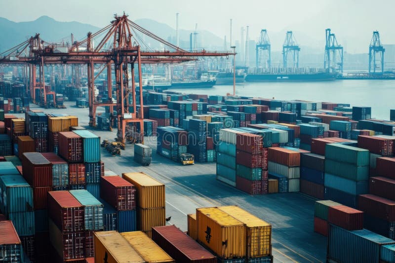 Shipping Port with Stacked Containers Stock Image - Image of ...