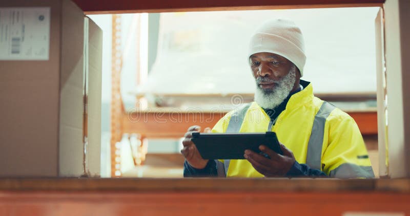 Shipping, Tablet and Storage with Black Man in Warehouse for Inventory ...