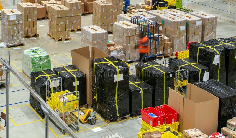 Shipping Warehouse Interior with Parcels and Cartons in Storage Stock ...