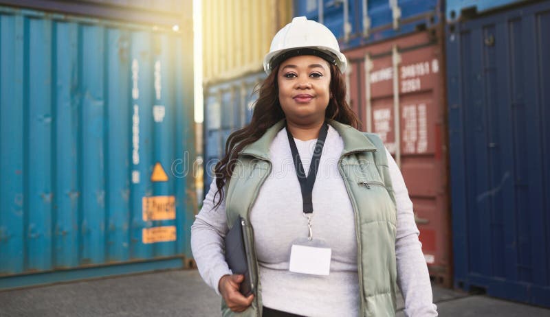 Shipping Worker and Portrait of Black Woman at Cargo Freight Containers ...