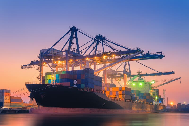 Shipping Yard and Loading Terminal at Sunrise Scene Stock Photo - Image ...