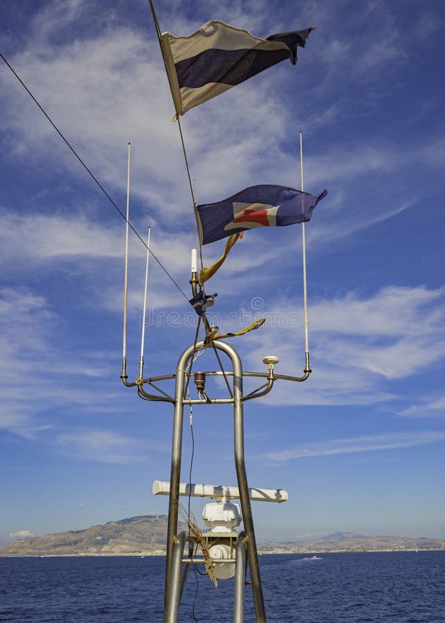Ships Antenna and Navigation System in a Clear Blue Sky Stock Photo ...
