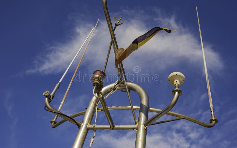 Ships Antenna and Navigation System in a Clear Blue Sky Stock Image ...